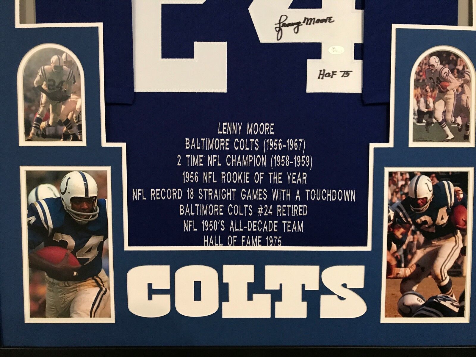FRAMED LENNY MOORE AUTOGRAPHED SIGNED INSC BALTIMORE COLTS STAT JERSEY ...