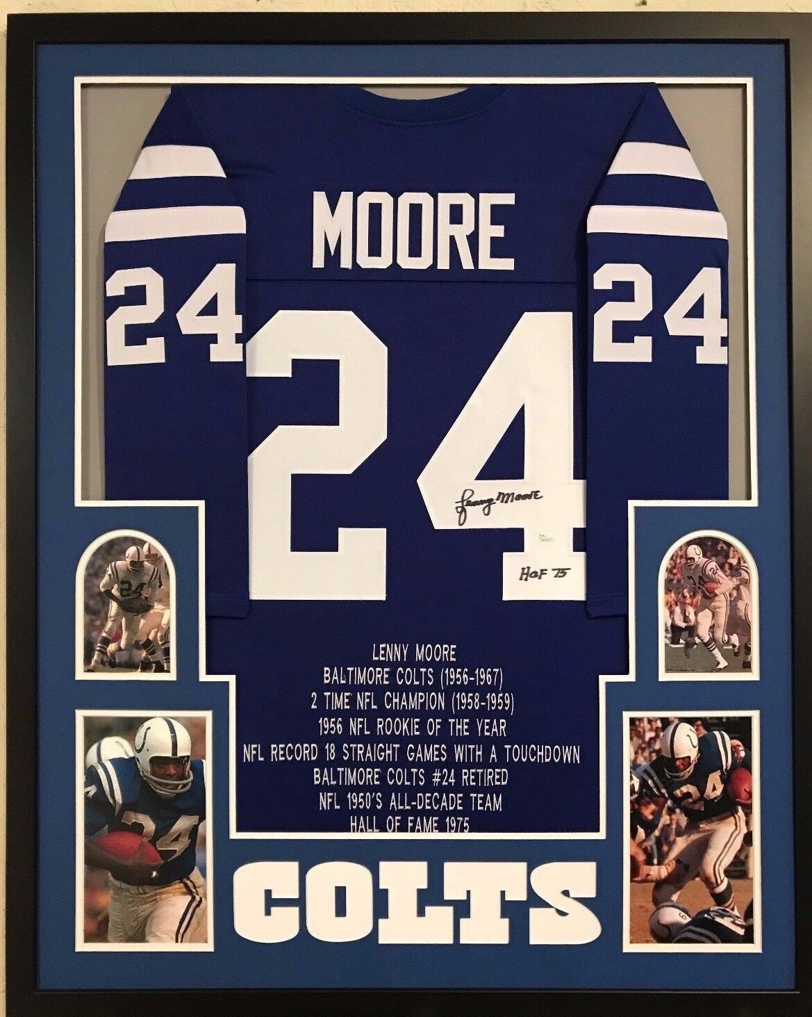 FRAMED LENNY MOORE AUTOGRAPHED SIGNED INSC BALTIMORE COLTS STAT JERSEY ...